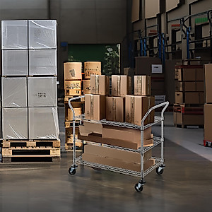 Finnhomy 3-Tier Commercial Grade Rolling Cart, Heavy Duty Utility Cart, Carts with Wheels and Handles, Kitchen Cart on Wheels, Metal Serving Cart with 600 lbs Capacity, Shelf Size 24" D x 40" W, NSF