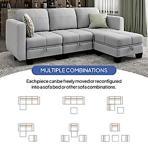 Arathorn Modular Sectional Sofa Couch with Reversible Chaise, 4 Seats L-Shaped Couch Sofa with Storage Ottoman for Living Room Apartment, Grey