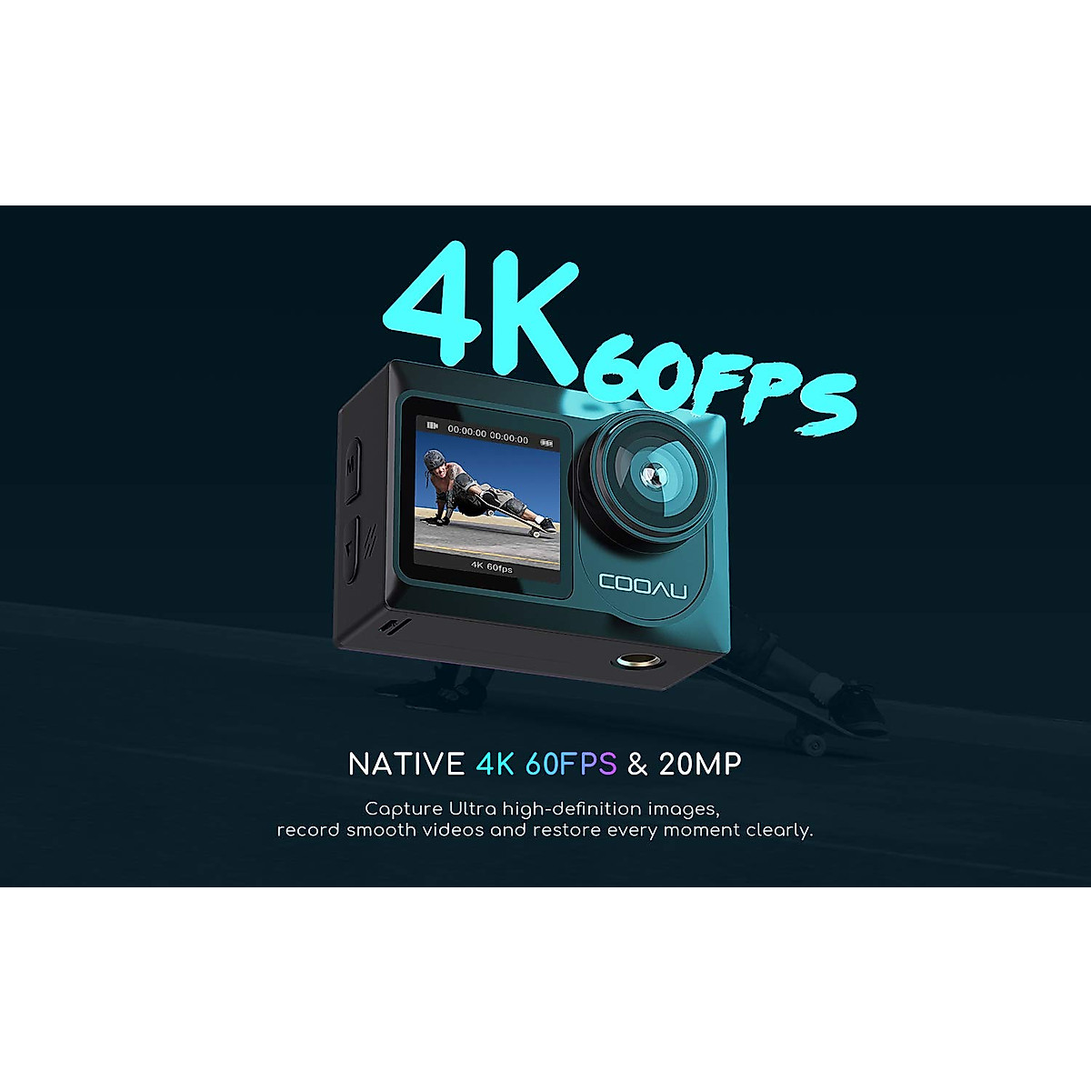 COOAU Sports Action Camera Dual Screen Ultra HD 4K 60FPS 20MP WiFi EIS Touchscreen External Microphone Remote Control Underwater 131 Feet Waterproof Helmet Vlogging Camera with 2x1350mAh Batteries.