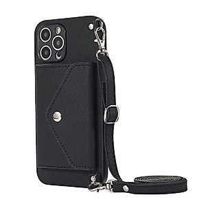 YJQYJH Crossbody Wallet Phone Case with Lanyard Strap Cute Flip Folio Credit Card Holder Women Girls Lady Handbag Case (Black,for iPhone 15 Pro Max)