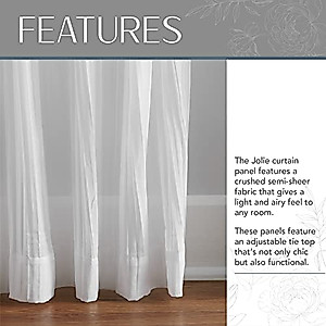 Elrene Home Fashions Jolie Crushed Semi-Sheer Window Curtain, Adjustable Tie-Top Single Panel, 52" x 108" (1 Panel), White