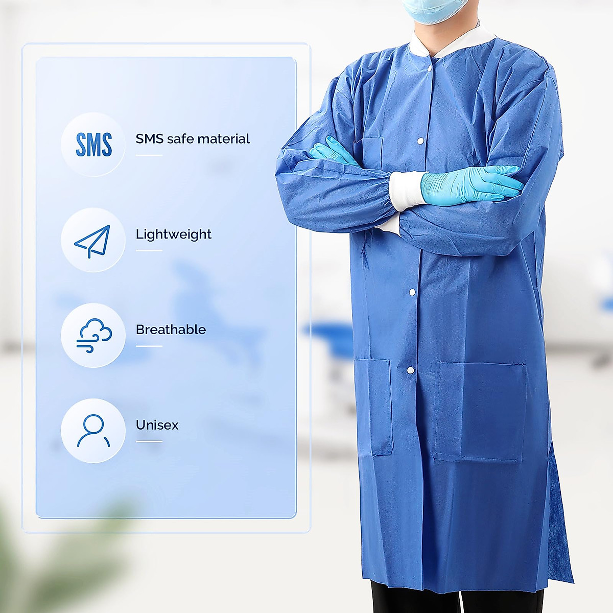 JMU 10 Pack Disposable Lab Coats for Adult Large, SMS Medical Lab Jacket Knee Length with Knit Cuff & Collar, 3 Pockets