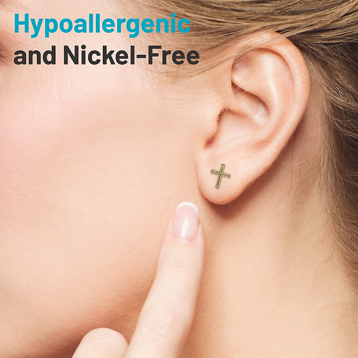 JewelryWeb 14K Yellow Gold Cross Earrings - Beveled Faith Stud Earrings - Cross Earrings for Women and Girls - Catholic Jewelry - Religious Earrings