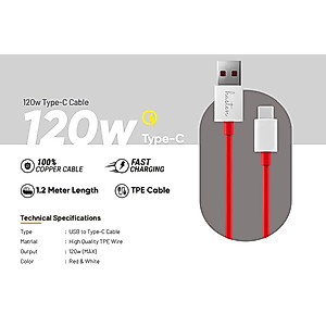 USB-A to Type-C 120w (max) Fast Charging Cable, 4 Feet (1.2 Meters) - 1Pack RED TPE