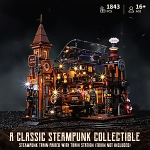 FUNWHOLE Train-Station Lighting Building Bricks Set - Steampunk LED Light Building Set 1843 Pieces for Adults and Teens