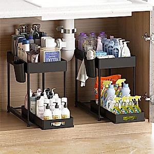 NYYTGE Under Sink Organizer Under Bathroom Cabinet Storage 2 Tier Storage Rack with 4 Hooks, Under Cabinet Organizer Baskets, Multi-purpose Under Sink Shelf Organizer for Bathroom Kitchen