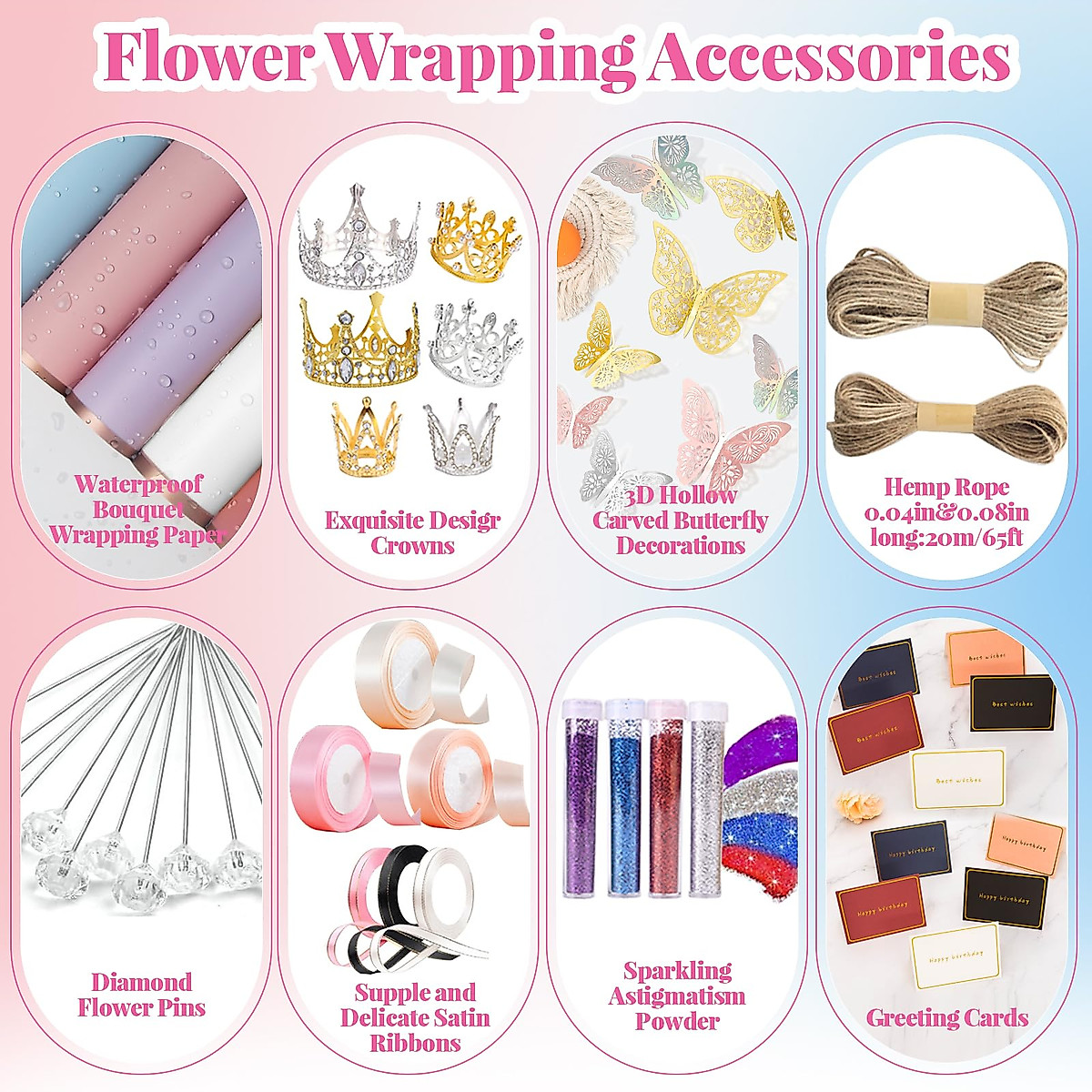 528Pcs Flower Wrapping Paper Kit 200 Sheets Waterproof Floral Wrapping Paper with 3D Butterfly Decor Crowns Bouquet Pins Ribbons, DIY Crafts for Mother's Day Valentines Graduation Birthday Gift