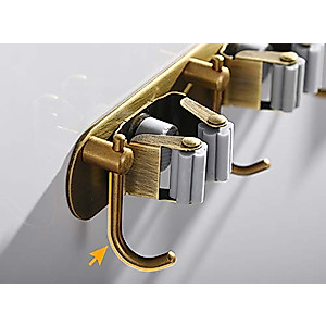 Fiunkes Mop Broom Holder Wall Mount Garden Tool Organizer, Brass Heavy Duty Tool Hanger with 3 Racks 4 Hooks for Kitchen Bathroom Closet Garage Office Laundry