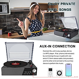 HONGUT Record Player, 3 Speed Turntable Vinyl Record Player with Bluetooth Speaker, MP3 Player Portable LP Vinyl Player with FM Stereo Radio, Vinyl to MP3 Recording Phonograph Player, Black