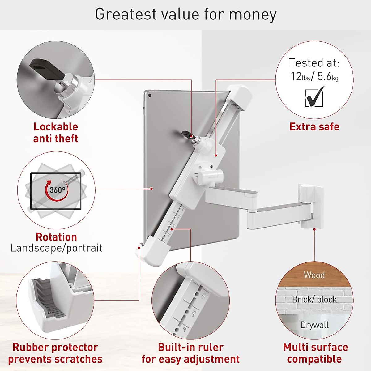 Barkan Lockable Tablet Mount Holder for 7 - 14 inch Devices, Anti-Theft, Full Motion Articulating, 360 degree Rotation Bracket, fits Apple iPad / Air / Mini, Samsung Galaxy Tab, Fire HD 7 / 8 / 10