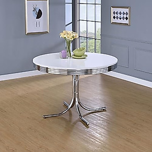 Coaster Home Furnishings Retro 1950s Soda Fountain Diner Round Dining Room Table White Laminate Top Sturdy Steel Chrome Base 2388
