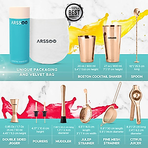 Bartender Kit 11-Piece Stainless Steel Cocktail Shaker Set | Perfect Home Professional Bar Tools, 27/20 OZ Weighted Boston Shakers, Lemon Squeezer, Strainer (Julep, Mesh) | ARSSOO Bar Set (Rose Gold)