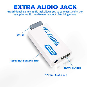 Wii to HDMI Converter Adapter 1080P for Full HD Device with 3,5mm Audio Jack&HDMI Output Compatible with Nintendo Wii, Wii U, HDTV, Monitor-Supports All Wii Display Modes 720P（ HDMI Cable Included）