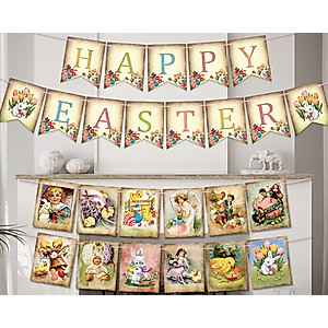 25 Pcs Vintage Easter Decorations Happy Easter Banner Garland Decoration Retro Easter Egg Bunny Bunting Garland for Wall Door Fireplace Mantle Decor Supplies Rustic Easter Hanging Bunting Party Favors