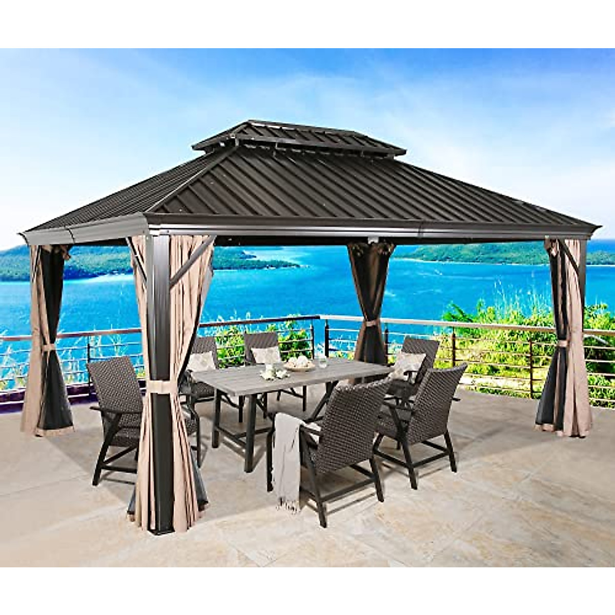 12'x16' Hardtop Gazebo, Outdoor Aluminum Permanent Pavilion Gazebo with Curtains and Netting, Brown Galvanized Steel Metal Double Roof Canopy Gazebo and Aluminum Frame for Patios, Gardens, Lawns
