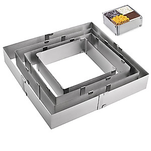 YOUEON 4 Pack Square Cake Molds Ring Adjustable from 6" to 11", Stainless Steel Mousse Cake Ring, Baking Molds, Pastry Making Tool for Birthday Cake, Party Dessert, Handmade Snack