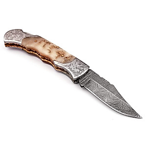 Handmade Damascus Steel Pocket Knife - Damascus Folding Knife - Pocket Knife for Men, EDC gift Knife & Damascus Blade Hunting Skinning Knife with Back Lock & Ram Horn Handle with Leather Knife Sheath