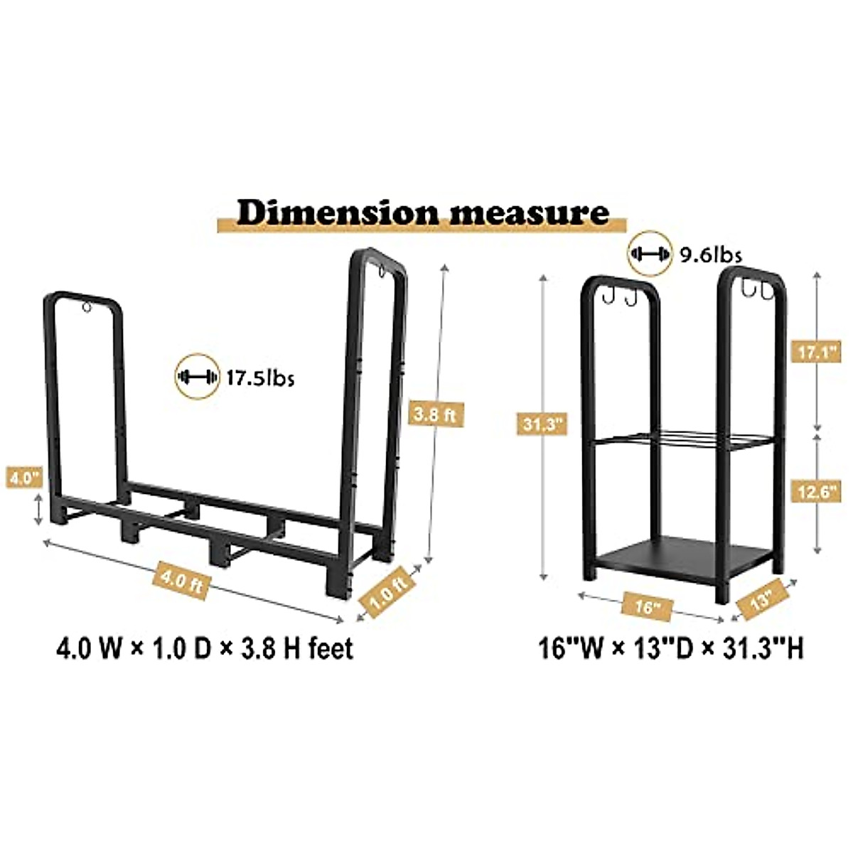 Artibear 4ft Outdoor Firewood Rack With Indoor Small Wood Storage Holder for Fireplace, Black