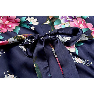 UrHot Women's Floral Kimono Satin Short Robe Peacock and Blossom Soft Bathrobe for Wedding Party Getting Ready