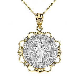 14k Two-Tone Gold Round Blessed Virgin Mary Miraculous Diamond Medal Pendant Necklace, 18"