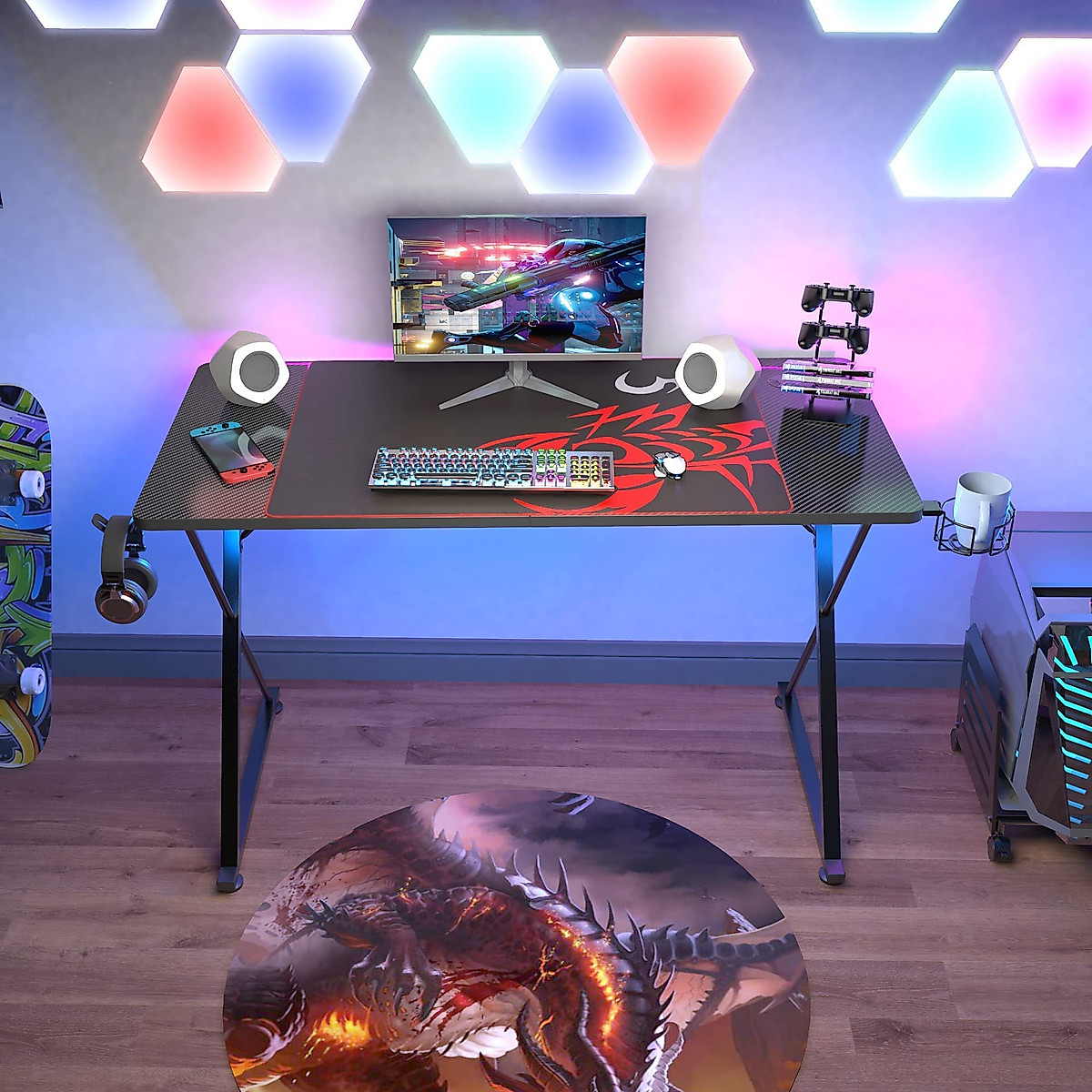 It's_Organized Gaming Desk 47 inch PC Computer Desk Home Office Student Desk X-Shaped with Mouse Pad Cup Holder Headphone Hook Handle Rack,Black