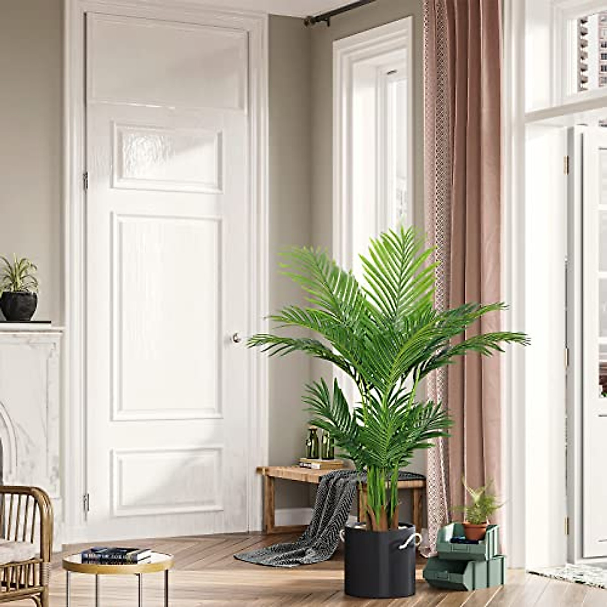 VIAGDO Artificial Kentia Palm Tree 4ft Tall Fake Palm Tree Decor with 15 Trunks Faux Tropical Palm Silk Plant Potted Dypsis Lutescens Plants for Modern Home Office Floor Corner Decor Indoor, 2 Pack