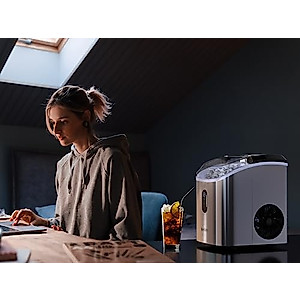 ecozy Nugget Ice Maker Countertop - Chewable Pellet Ice Cubes, 33 lbs Daily Output, Stainless Steel Housing, Self-Cleaning Ice Machine with Ice Bags for Parties, Kitchen, Bar, Office, Silver
