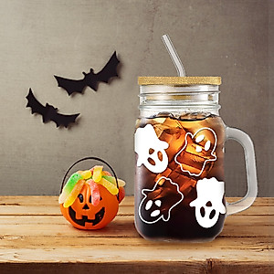 Whaline Halloween Mason Jar Mug with Handle 18oz Cute Ghost Mason Jar Drinking Glasses Halloween Ghost Ice Coffee Cups Glass Mugs Tumbler with Lid and Straw for Iced Coffee Tea Soda Cocktail Gifts