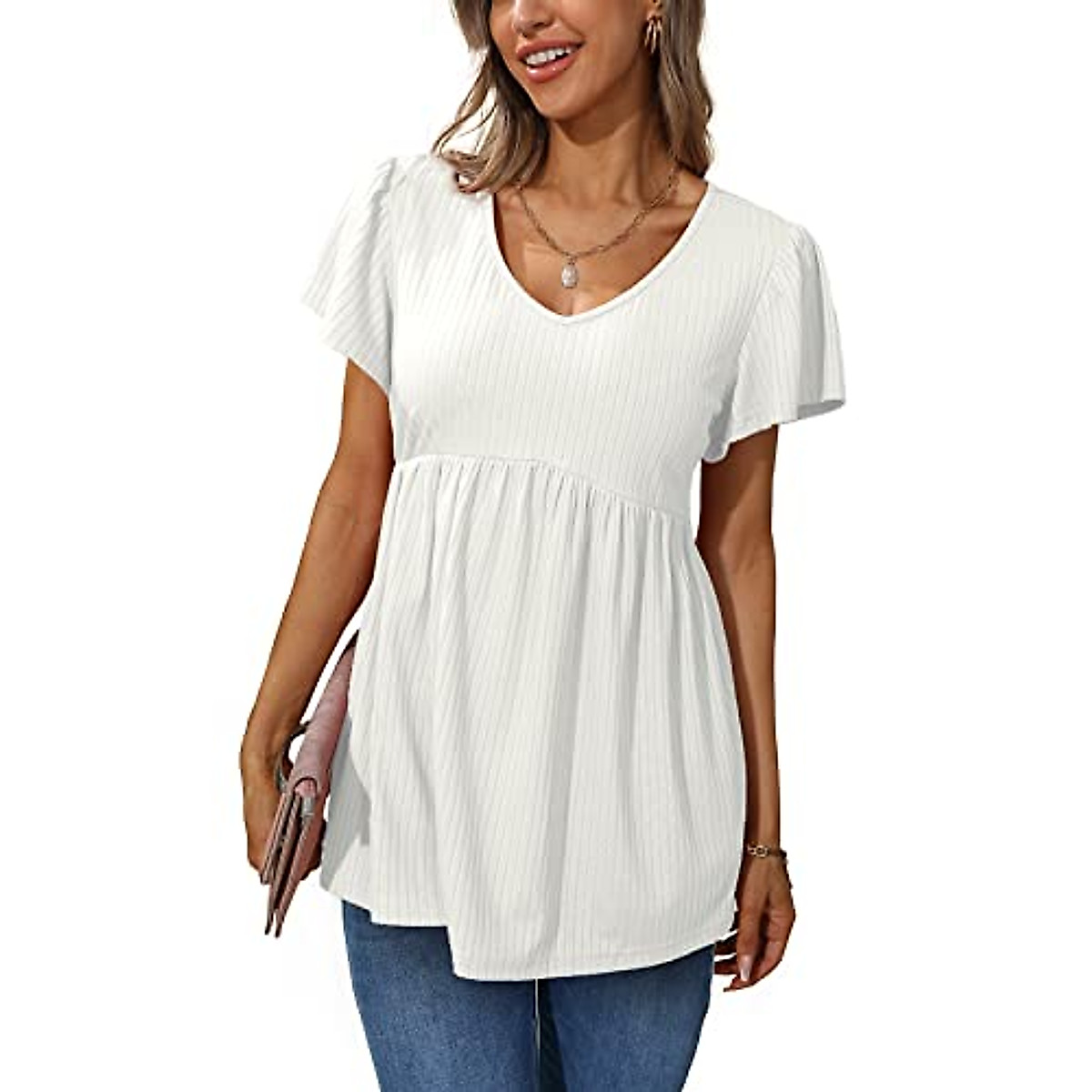 Glanzition Oversized T Shirts for Women Tunic Tops to Wear with Leggings Short Sleeve White L