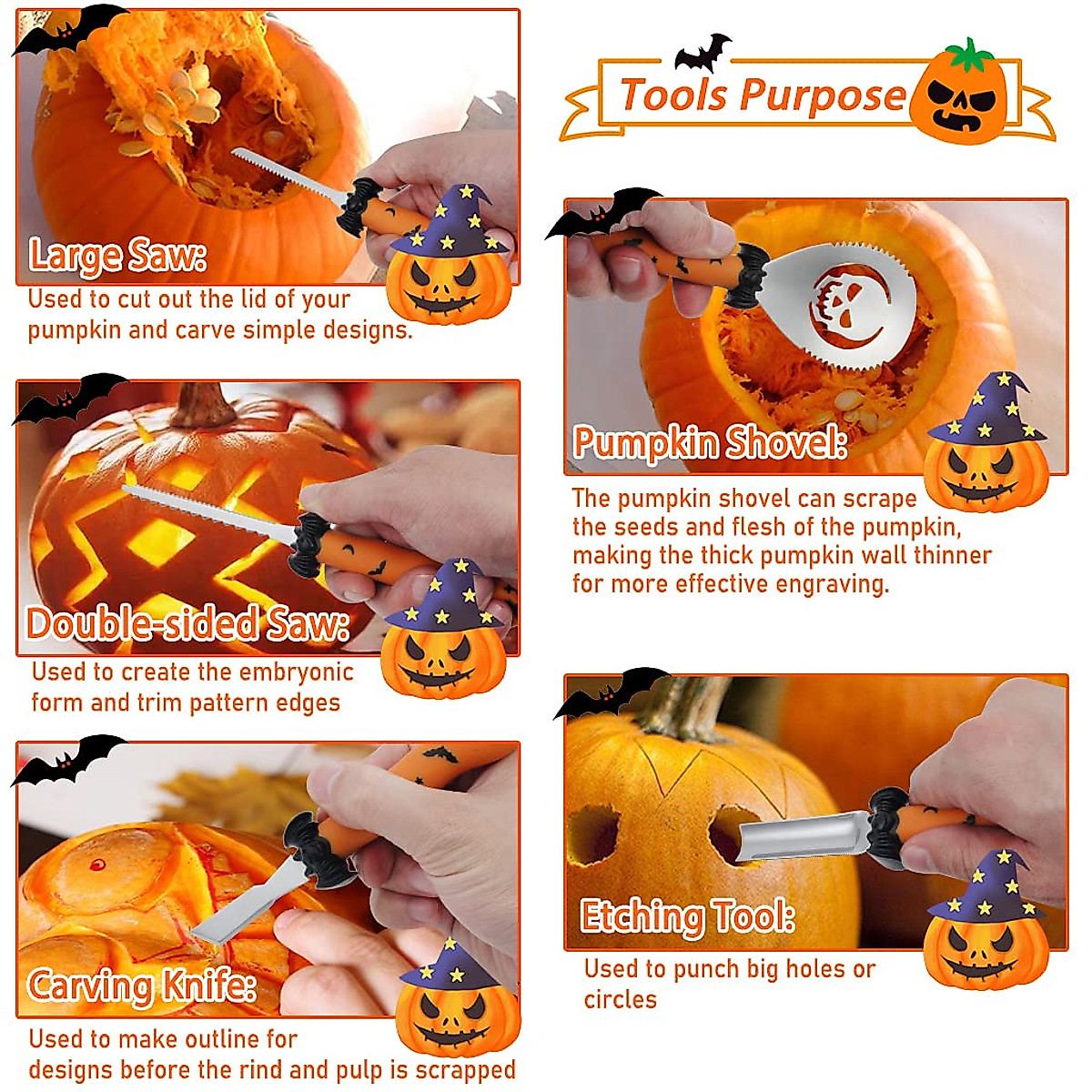 OWUDE Professional Pumpkin Carving Kit 10 Pcs Upgrade Anti-Slip Handle Heavy Duty Stainless Steel Carving Tools with Premium Carrying Case and 6 Pcs Stencils for Halloween DIY