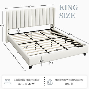 Yaheetech King Bed Frame Upholstered Platform Bed with Fabric Headboard, Wing Edge Design/Non-Slip and Noise-Free/Wooden Slats Support/No Box Spring Needed/Easy Assembly, Beige King Bed
