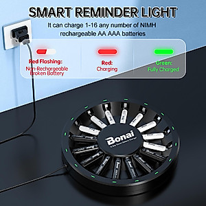 BONAI 16 Bay Battery Charger AA AAA with Rechargeable AA Batteries and Rechargeable AAA Batteries, Ni-Mh Rechargeable Batteries with Charger(Round-Design)