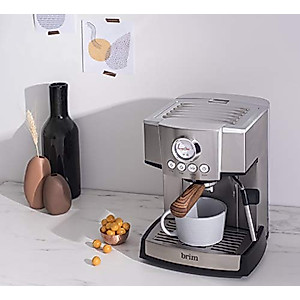 brim 15 Bar Espresso Machine, Cappuccino, Americano, Latte and Espresso Maker, Milk Steamer and Frother, Removable Parts for Easy Cleaning, Stainless Steel/Wood Accents, wood finish handle (50030)
