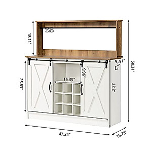 Farmhouse Coffee Wine Bar Cabinet with 6 Hooks, Sliding Barn Door, 47’’ Sideboard Buffet Cabinet with Adjustable Shelf for Kitchen, Dining Living Room, White