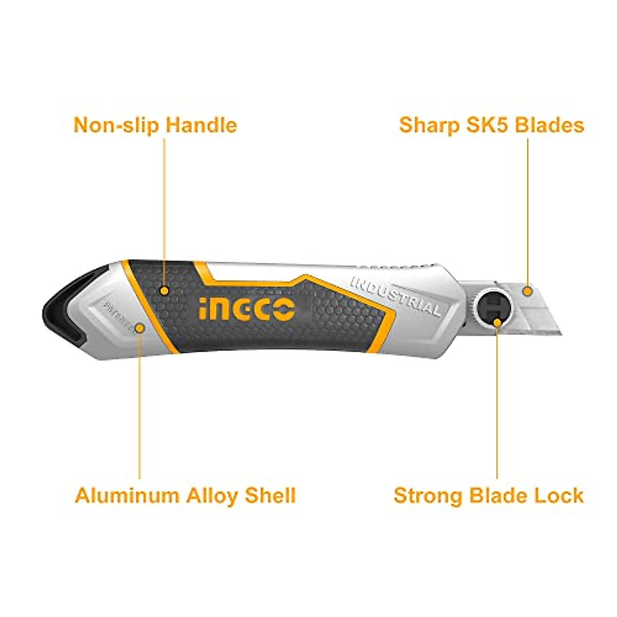 INGCO Retractable Utility Knife, Aluminum Box Cutter Heavy Duty with 6pcs Self Loading Quick Change Snap-off SK5 Blades for Cutting Box Paper Bag Carpet Carton Cloth HKNS1808