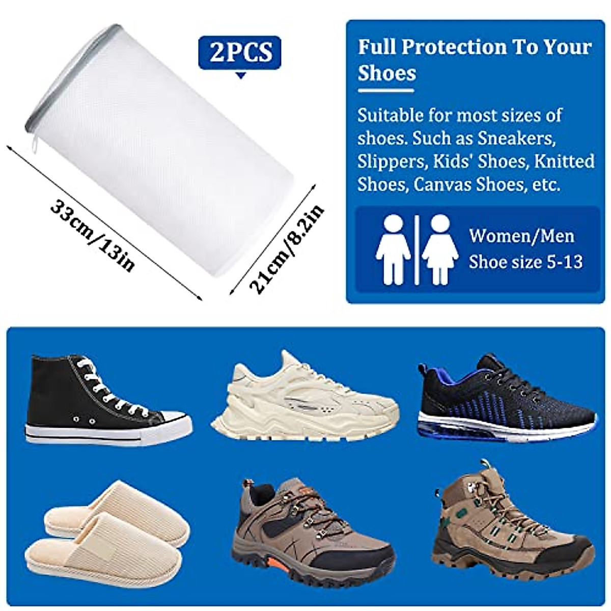 Blmsian 2 Pack Large Shoes Wash Bags, Shoe Washing Bags for Washing Machine, Durable and Reusable Sneaker Laundry Mesh Washing Bag with Zipper for Shoes, Bras, Socks, Travel Storage Organization Bags