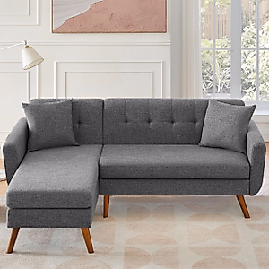 Tbfit 80" W L Shaped Couch with Two Pillows, Mid-Century Modern Couches with Wooden Legs, L Shaped Sofa with Wide Lounge for Small Space, Button Tufted Gray Couch for Living Room and Bedroom, Gray