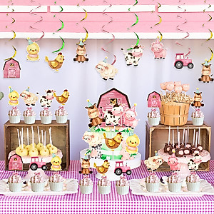 Pink Farm Animals Birthday Decorations for Girls Farmhouse Floral Theme Happy Birthday Banner Cow Pig Donkey Balloons Hanging Swirls Cake Cupcake Toppers for Kids Barnyard Theme Bday Party Supplies