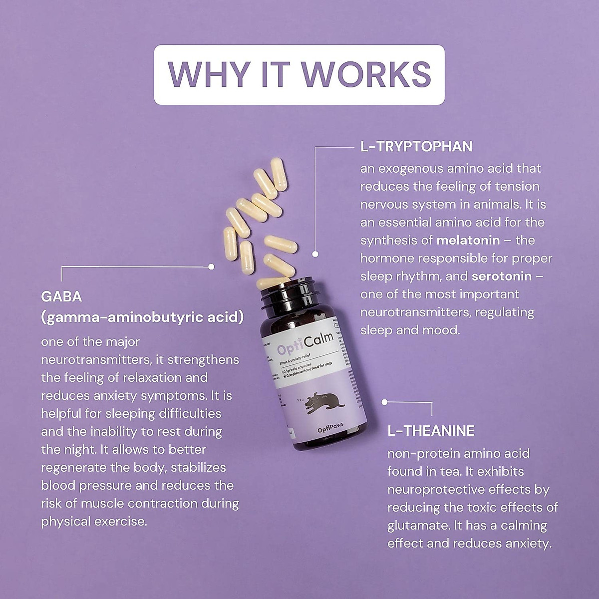 OptiCalm Dog Calming Supplement - GABA, L-Theanine & L-Tryptophan - Sprinkle Capsules for Relaxation & Anxiety Relief - Natural Calming Aid