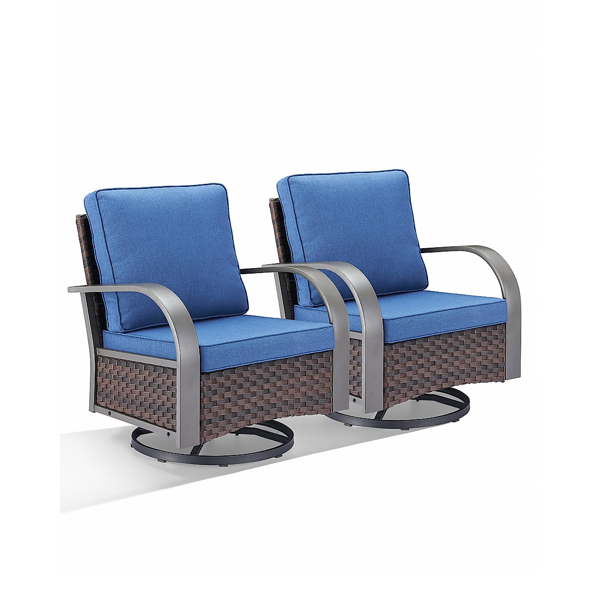 HUMMUH Patio Swivel Glider Outdoor Chair-All Weather Rattan Wicker Patio Swivel Rocking Chairs Porch Chair for Deck Porch Lawn Garden Backyard-Brown/Blue