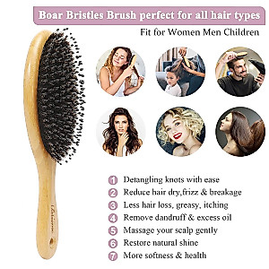 Hair Brush Comb Set Boar Bristle Hairbrush for Curly Thick Long Fine Dry Wet Hair,Best Travel Bamboo Paddle Detangler Detangling Hair Brushes for Women Men Kids Adding Shine Smoothing Hair
