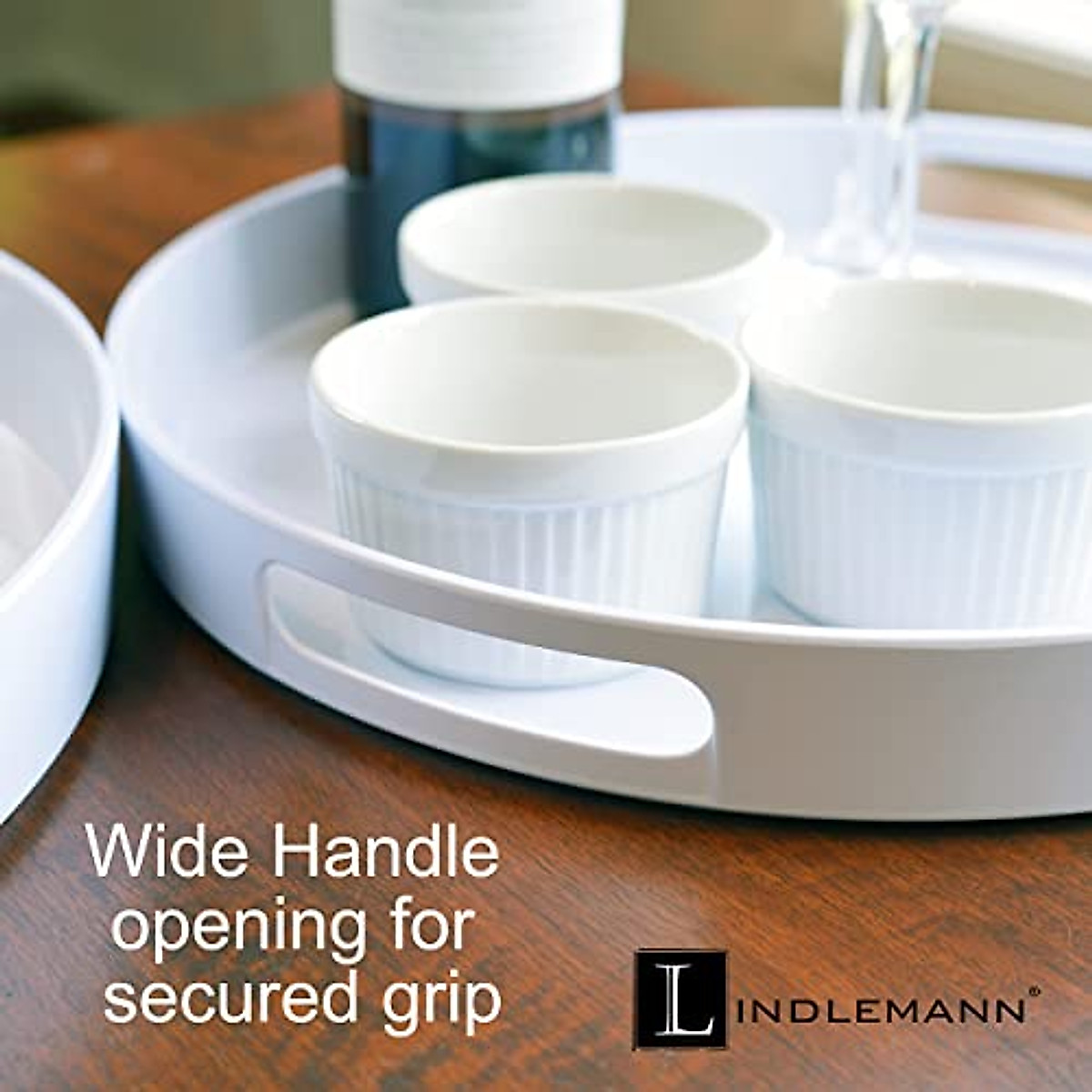 LINDLEMANN Serving Tray - Large Round Melamine White - Strong & Sturdy w/Built-in Handles for Easy Handling - Beautiful Gloss Finish, Elegant & Classy, Easter & Mothers' Day Gift (White,13.5 inches)