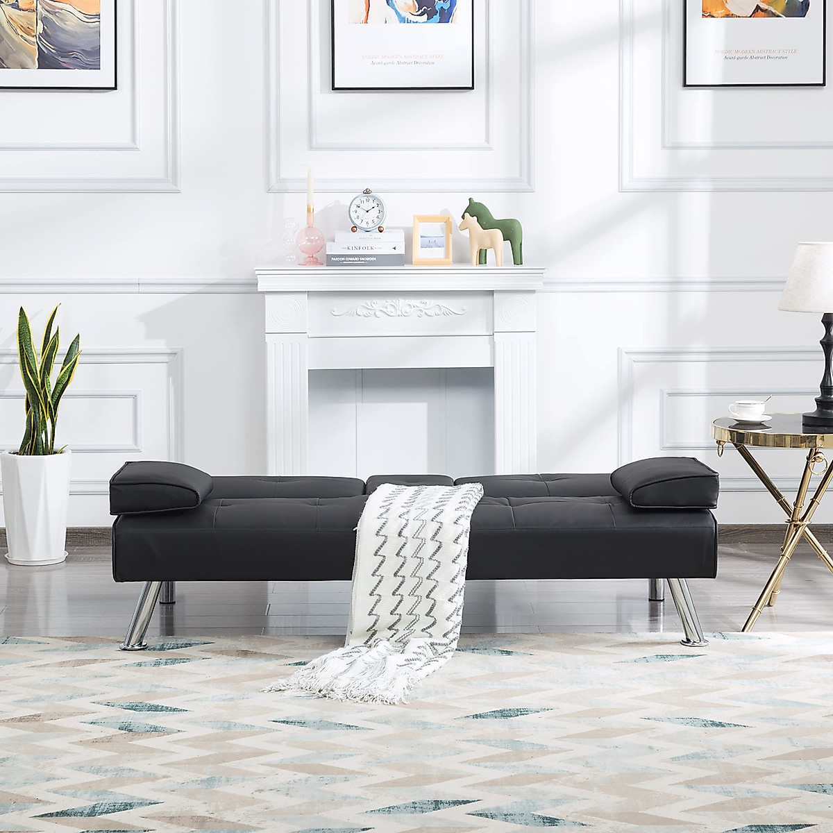 Futon Sofa Convertible Sleeper Couch Bed Daybed Loveseat,Faux Leather Folding Recliner with 2 Cup Holders,Removable Soft Pillow-Top Armrest,3 Angles for Living Room Small Place