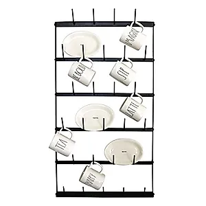 Wall Mounted Coffee Mug Rack - Large Rustic Black Iron Steel Kitchen Rack with 6 Rows - Storage for 27 Cups - Jar & Plate Holder - Vertical Display Organizer - Farmhouse Home Décor - Claimed Corner