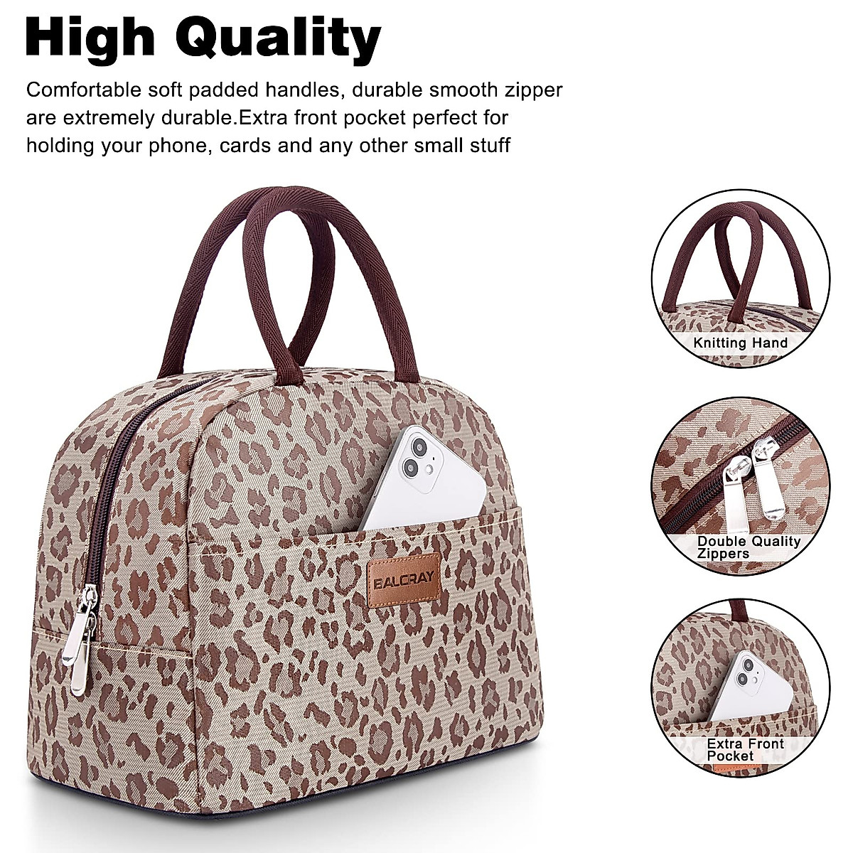BALORAY Insulated Lunch Bag for Women Men Reusable Lunch Box for Adults, Large Lunch Cooler Tote Bag for Work Office School Picnic (G-197L Brown Leopard)