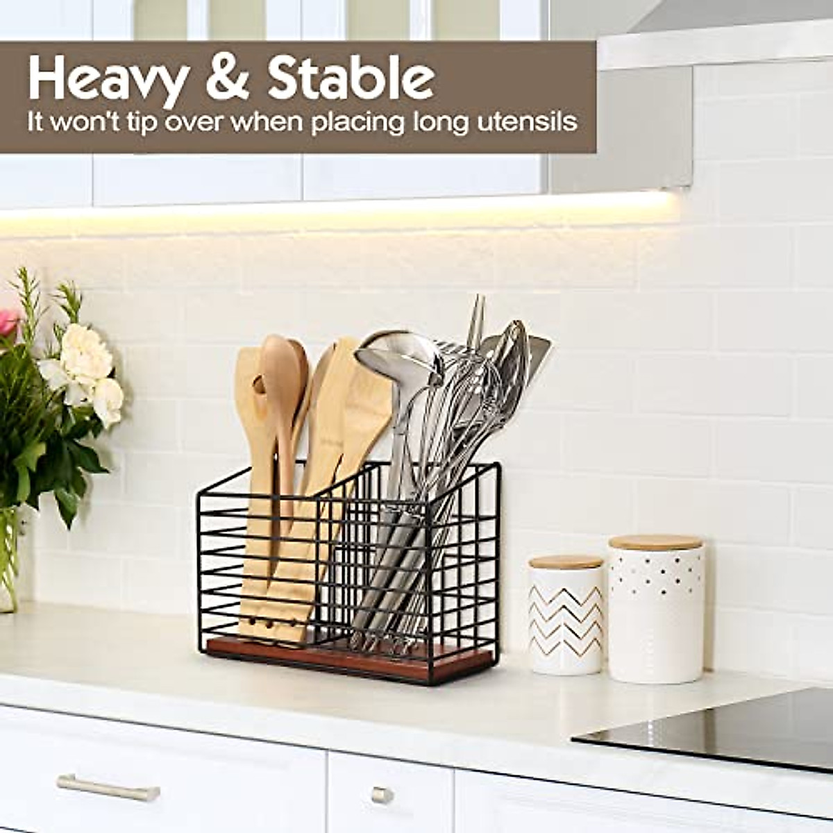 THYGIFTREE Kitchen Utensil Holder for Counter Large Black Metal Cooking Utensil Organizer for Countertop Utensil Crock with Wooden Base Spatula Holder Modern Farmhouse Utensil Caddy