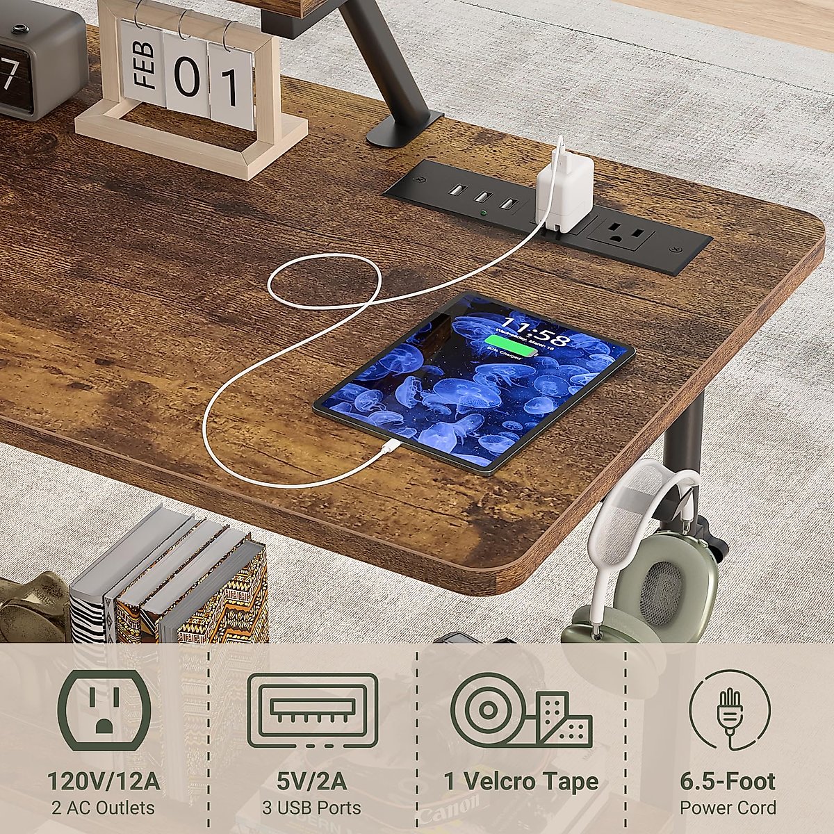 Height Adjustable Standing Desk with Power Outlets and LED Lights - 32" Manual Stand Up Desk with Monitor Stand and Storage Shelves Small Mobile Rolling Computer Desk Portable Laptop Table, Rustic