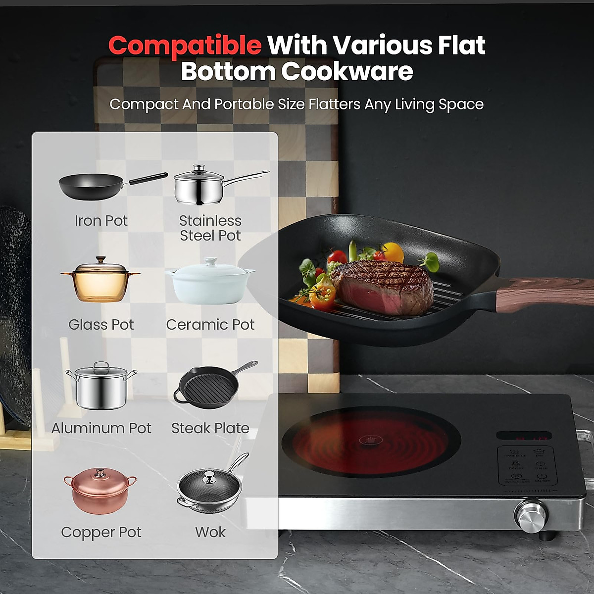 VEXMAECY Portable Ceramic Cooktop Infrared Hot Plate,Stainless Steel Countertop Burner With Double Rings Heating Dual Control 10 Power 3H Timer Electric Stove For Cooking 1800W(Gray)