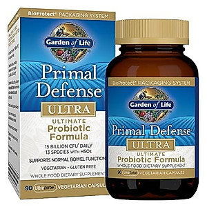 Garden of Life Primal Defense Ultra Ultimate Probiotic Formula - 15 Billion CFU and 13 Strains of Probiotics Plus HSOs for Healthy Digestive Balance, Vegetarian and Gluten Free, 90 Capsules