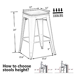 Alunaune 24" Metal Counter Height Bar Stools Set of 4 Industrial Backless Kitchen Patio Counter Stool Stackable Barstools Wood Top- 24inch, Silver